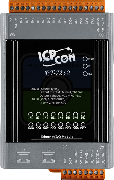 ET-7252 CR Ethernet I/O Module with 2-port Ethernet Switch, with 8-ch DI, 8-ch DO (RoHS)