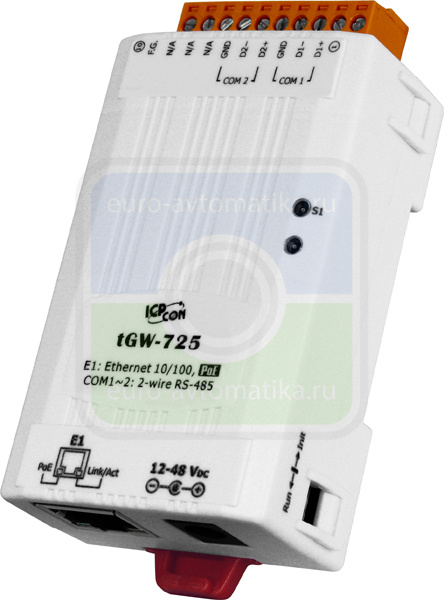 ICP DAS Преобразователь tGW-725 CR Tiny Modbus/TCP to RTU/ASCII gateway with PoE and 2 RS-485 ...